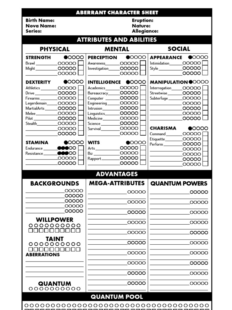 Aberrant - Character Sheet | PDF | Emergence | Psychological Concepts
