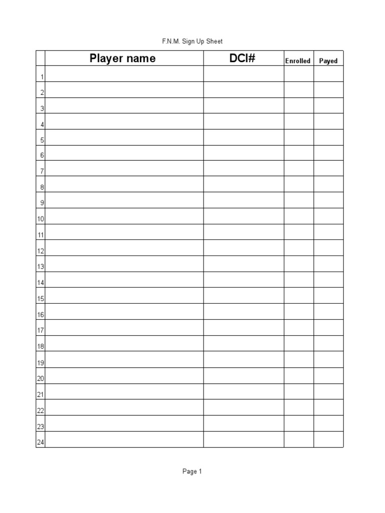 Player Name Dci#: F.N.M. Sign Up Sheet | PDF