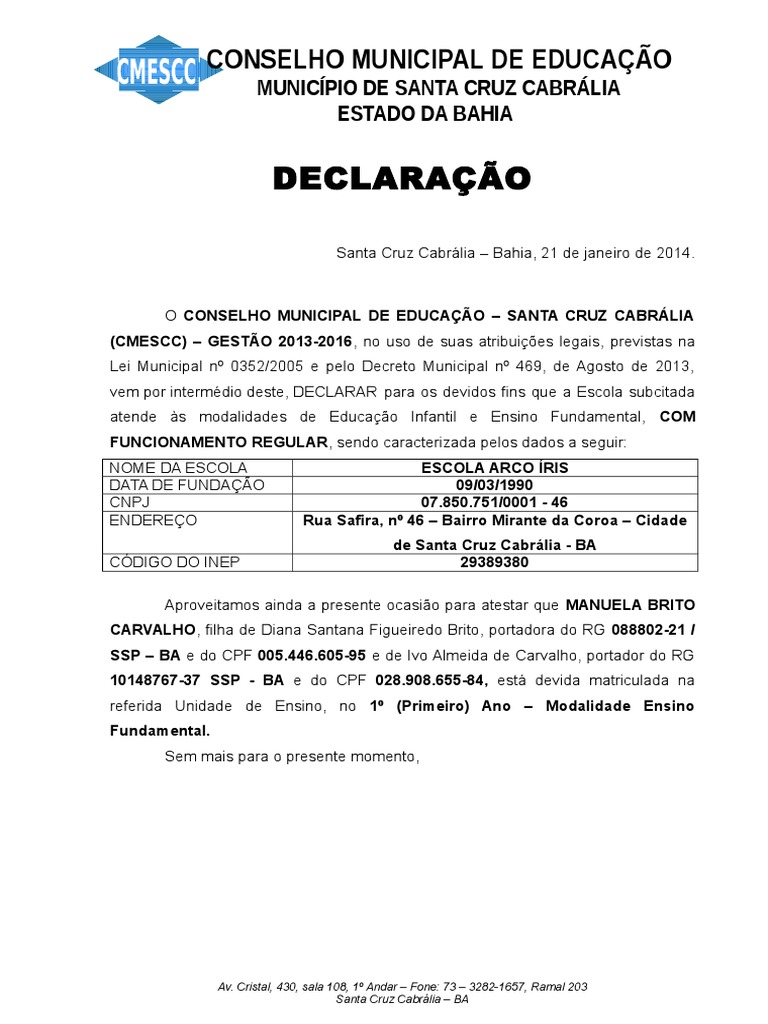 Declaração de Funcionamento Escolar - Escola Arco Íris | PDF