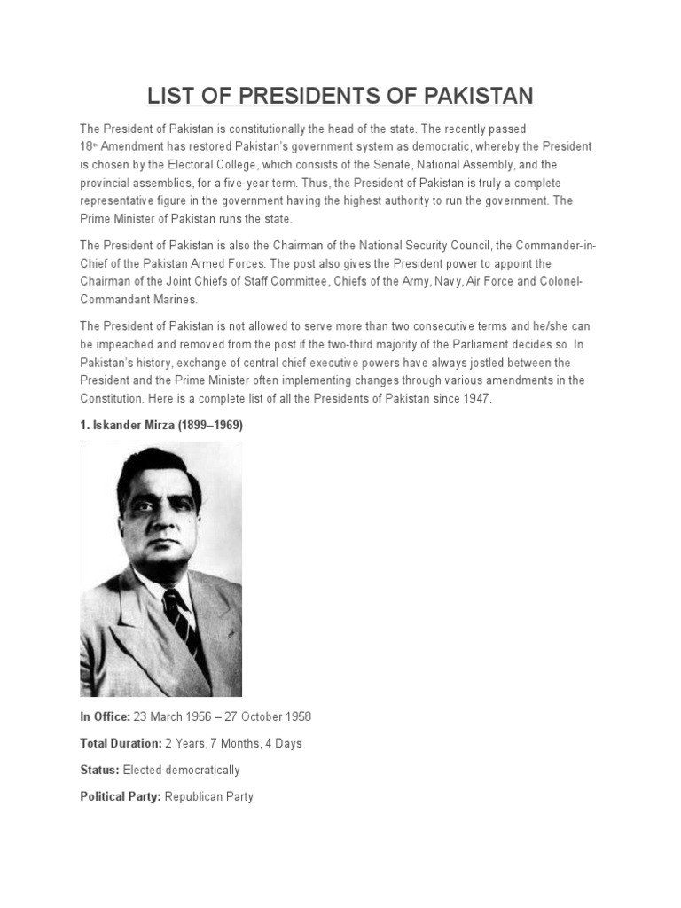 List of Presidents of Pakistan (CSS EXAM) | PDF | Government Of ...