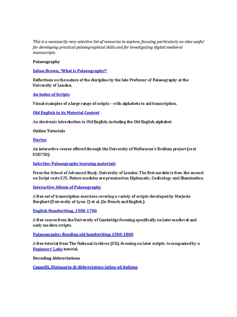 Paleography Resources | PDF | Manuscript | Digitizing