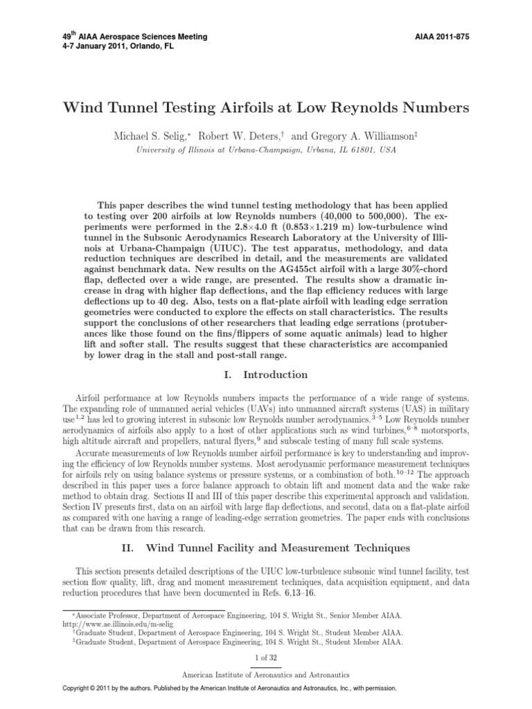 Wind Tunnel Testing Airfoils at Low Reynolds Numbers | PDF | Lift ...