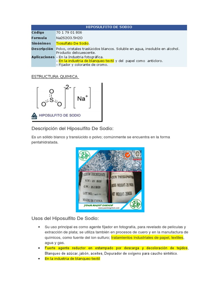 Hiposulfito de Sodio | PDF | Sustancias químicas | Química