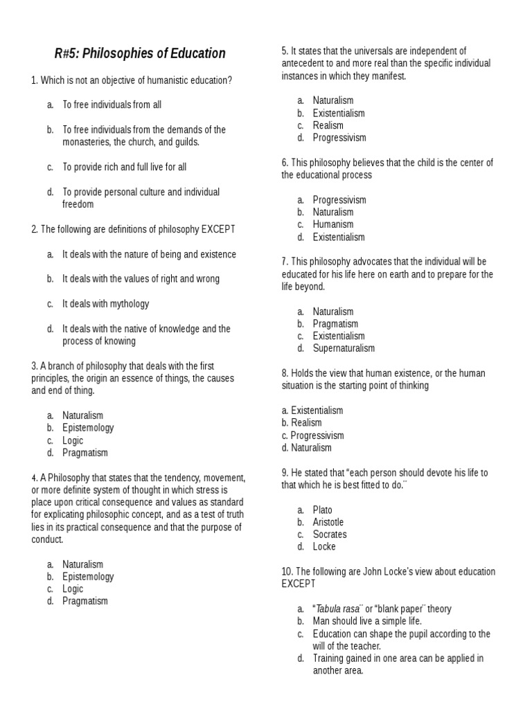 R#5 Philosophies of Education | PDF | Pragmatism | Naturalism (Philosophy)