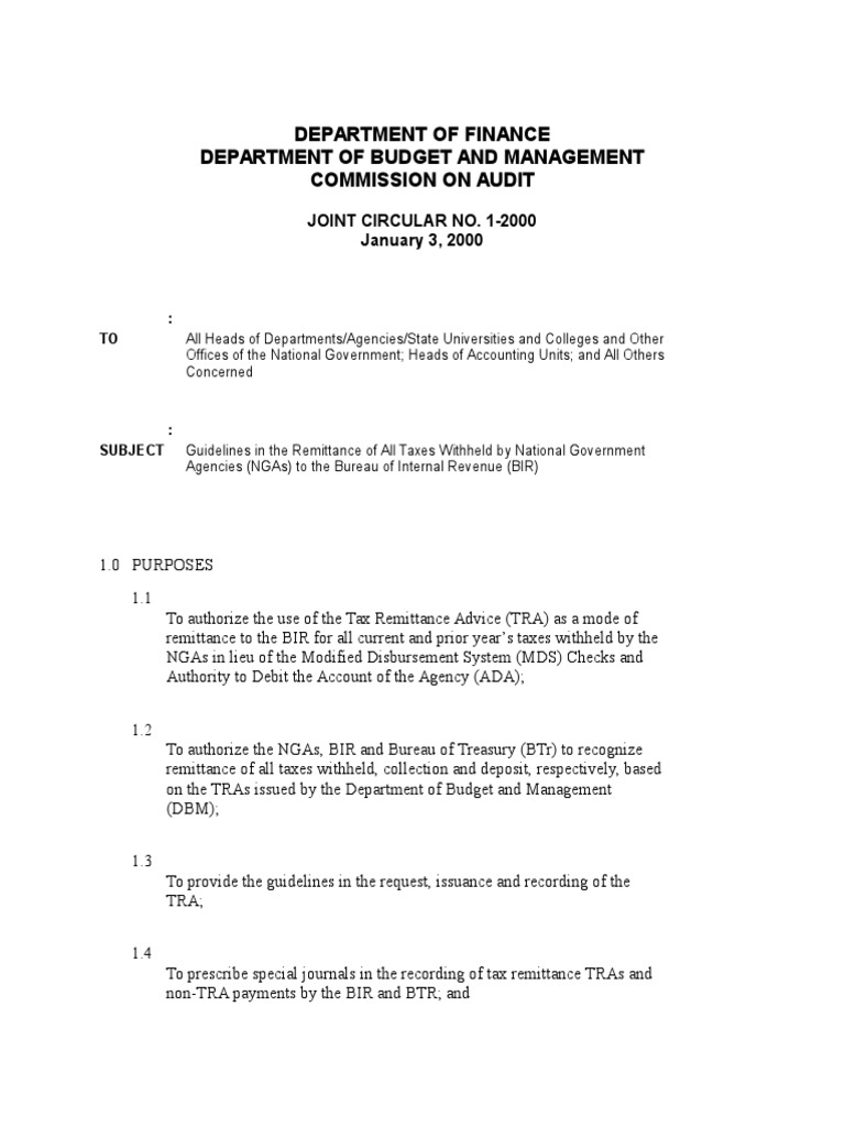 DOF-DBM-COA Joint Circular#1-2000 Withholding Taxes | Debits And ...