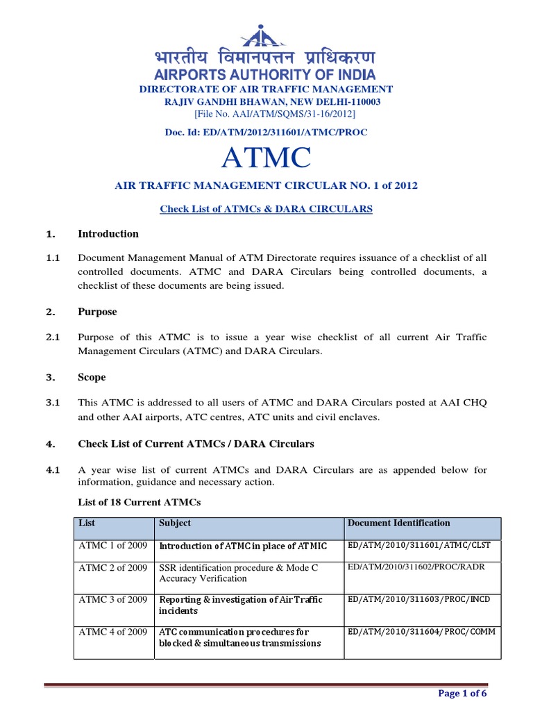 Air Traffic Management Circular No. 1 of 2012 | PDF | Air Traffic ...