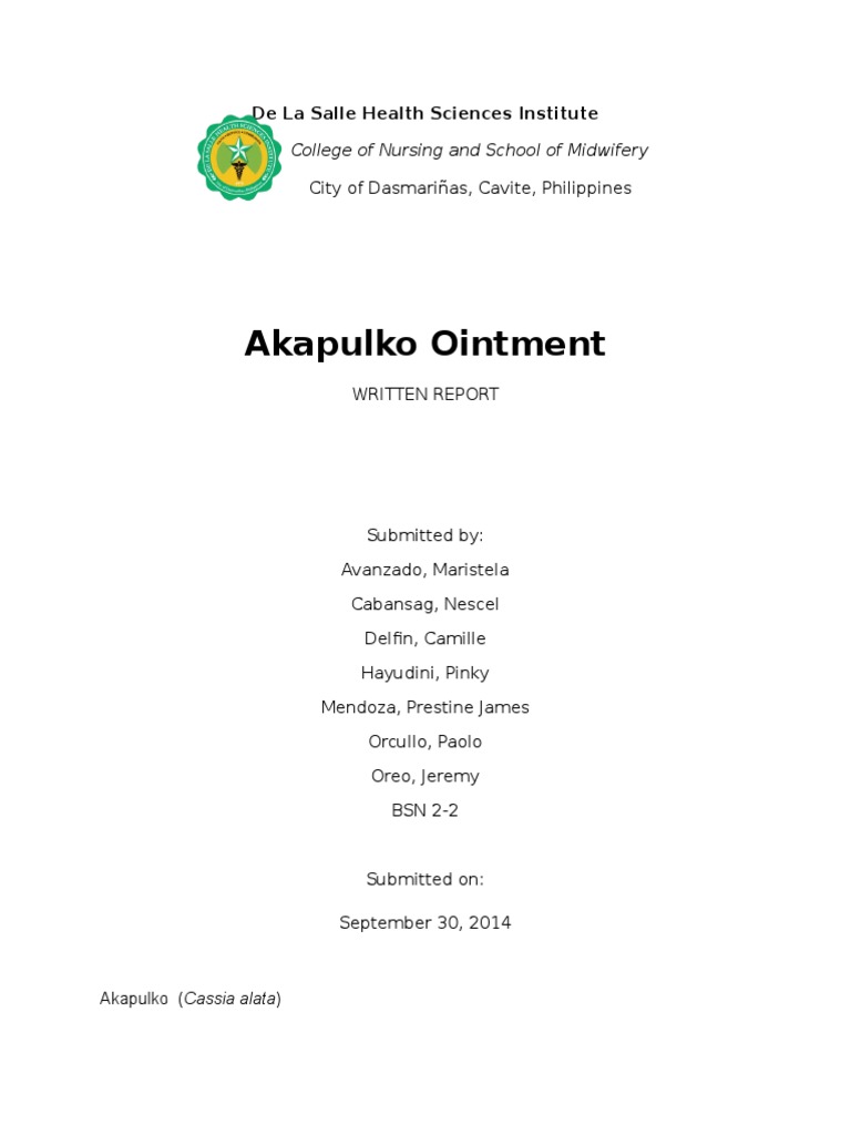 Akapulko Ointment: College of Nursing and School of Midwifery | PDF ...