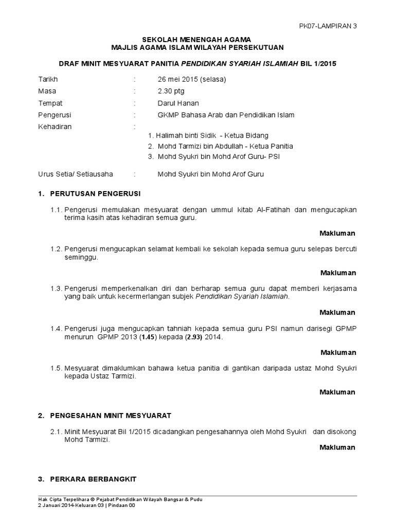 DRAF Minit Mesyuarat Kali 2 2015 | PDF