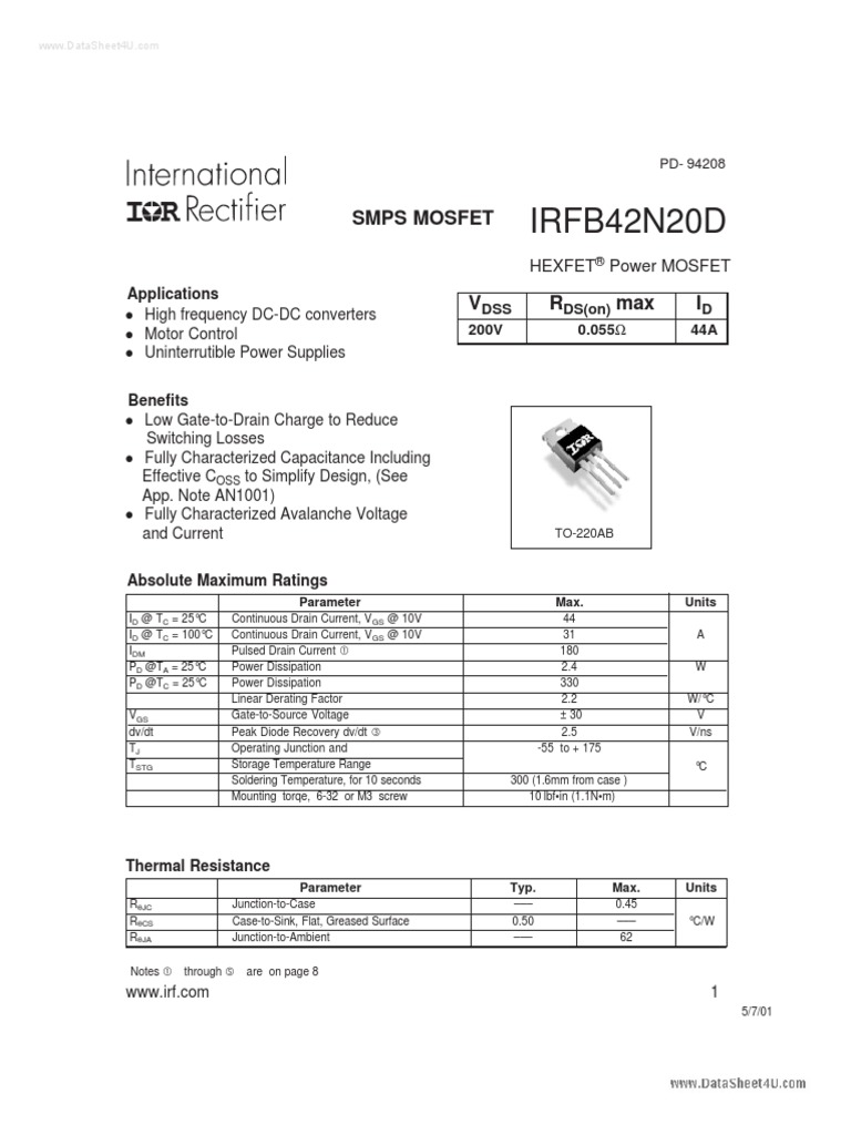 Data Sheet IRFB42N20D | PDF | Technology & Engineering
