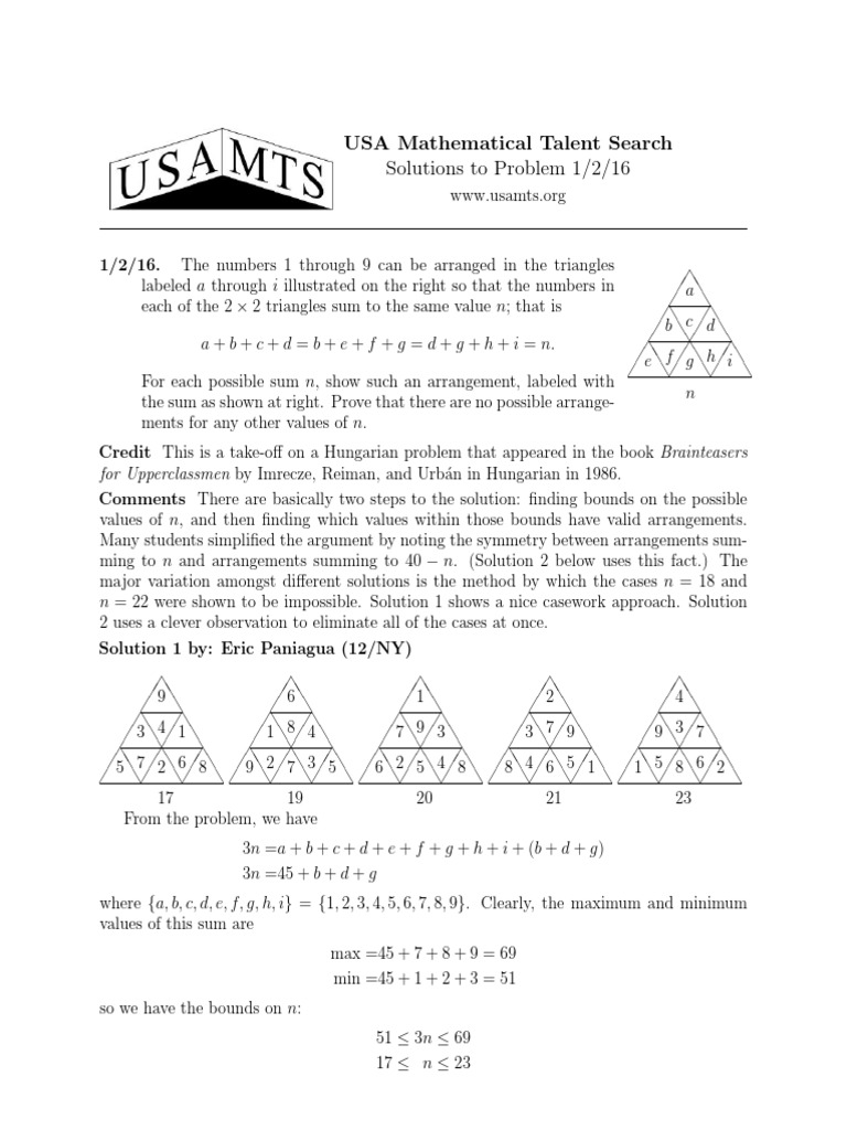 USA Mathematical Talent Search Solutions To Problem 1/2/16 | PDF ...