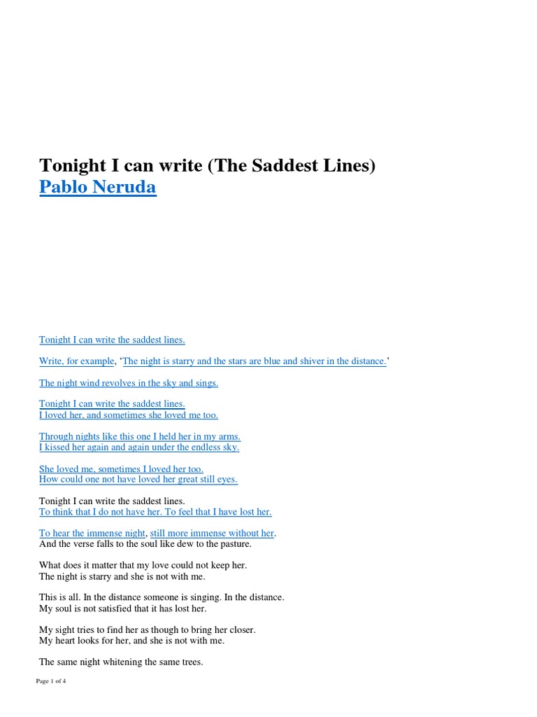 Tonight I Can Write (The Saddest Lines) : Pablo Neruda | PDF ...