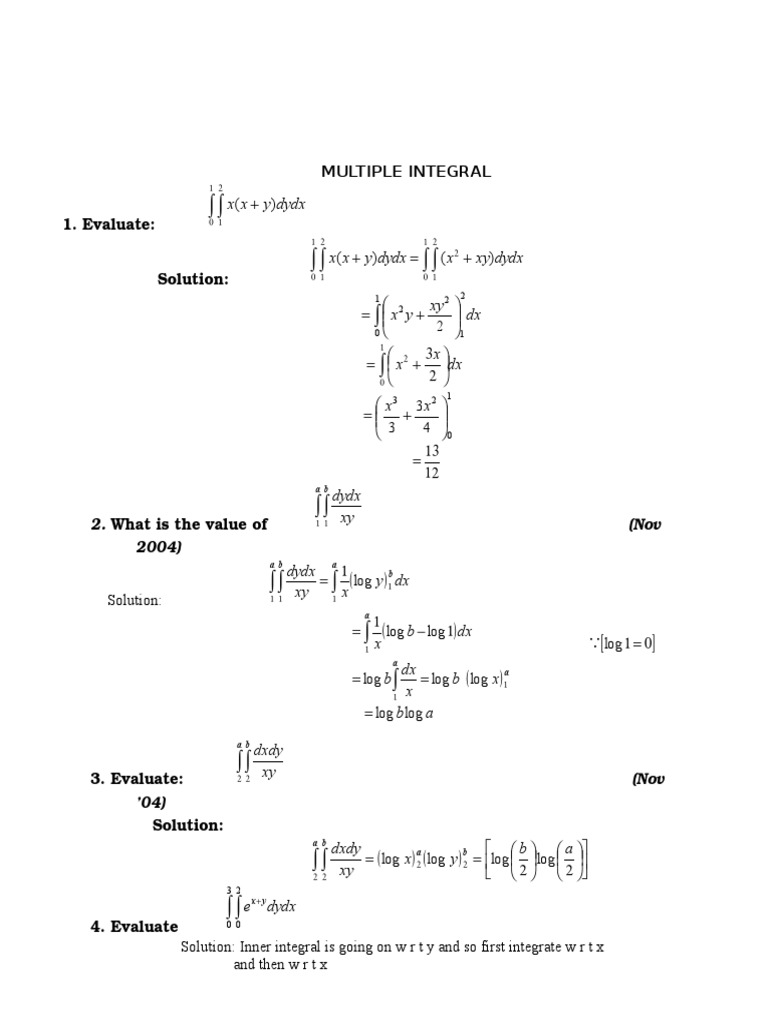Multiple Integral 1. Evaluate: Solution:: Dydx y X X | Download Free PDF | Trigonometric ...