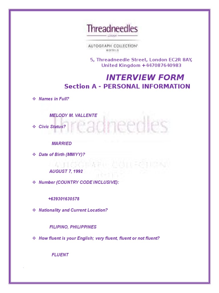 The Threadneedle Hotel Interview Form | PDF | Career & Growth | Business
