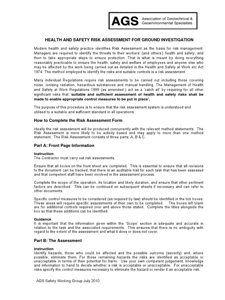 Health and Safety Risk Assessment For Ground Investigation (AGS, 2010 ...