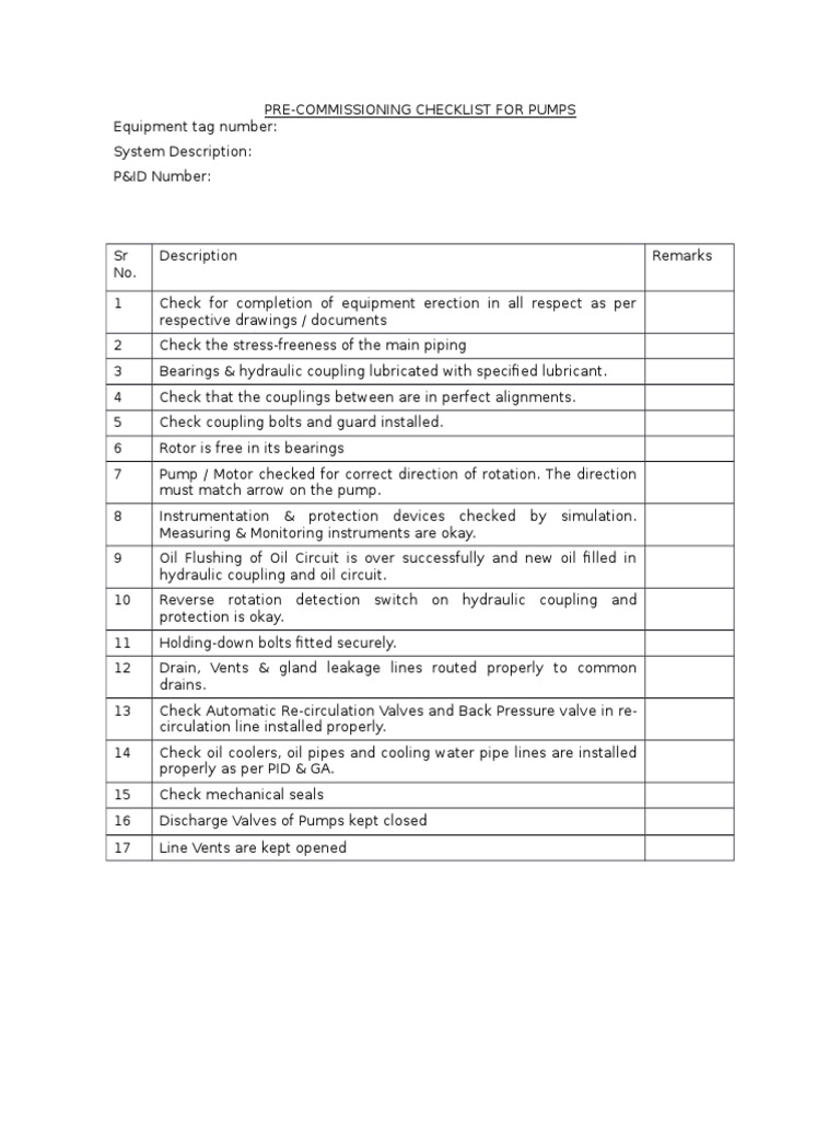 Pre Commissioning Checklist For Pumps | PDF