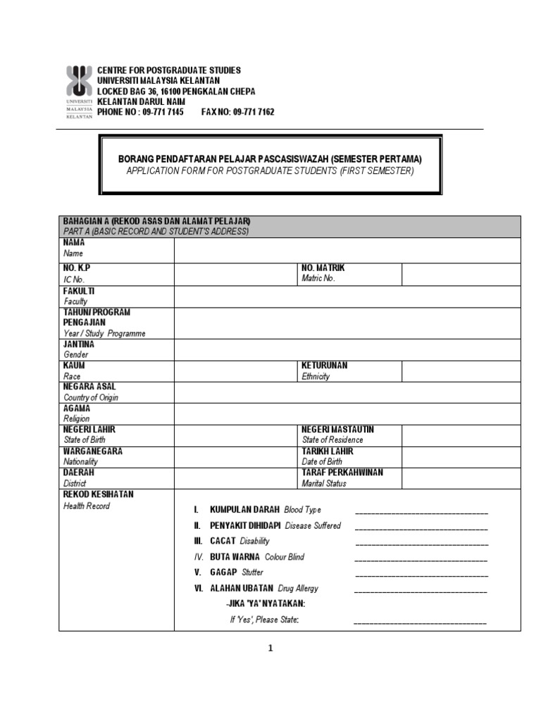Registration Form For Postgraduate Student 1st Semester | PDF | Wellness