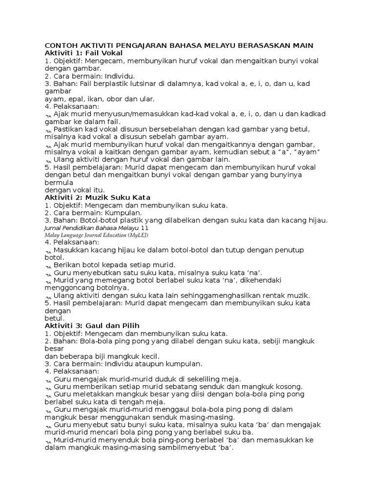 Contoh Aktiviti Pengajaran Bahasa Melayu Berasaskan Main | PDF