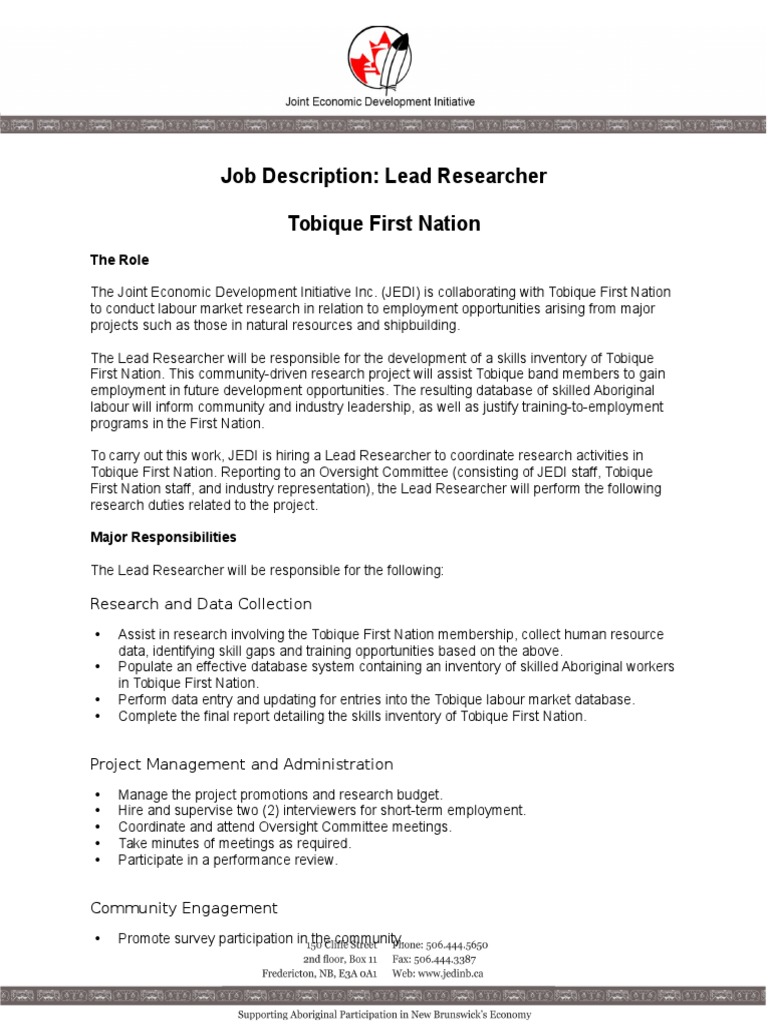 Lead Researcher Job Description - Tobique LMI - 2 | PDF | Employment ...