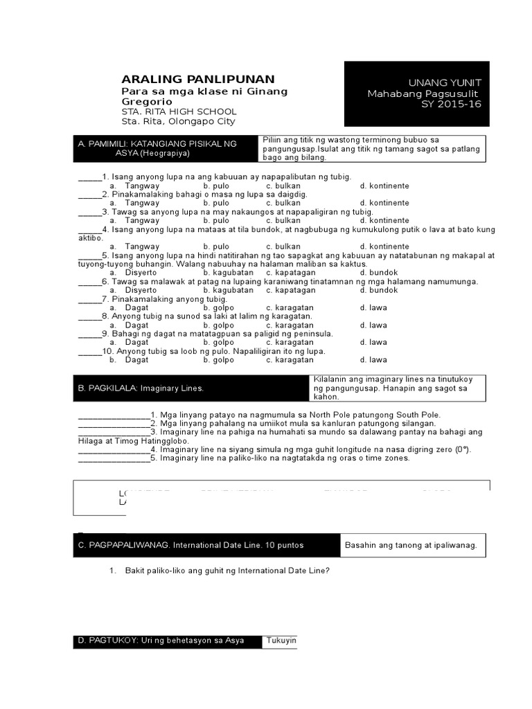 Unit Test Sa Araling Panlipunan 7 | PDF