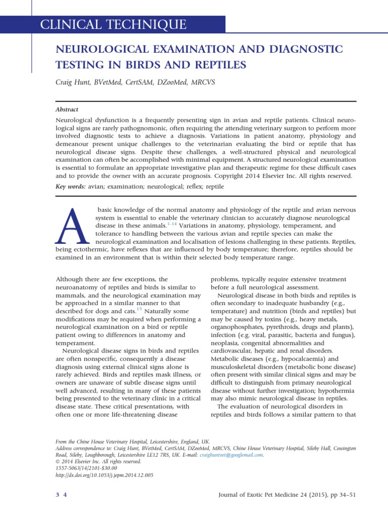Neurological Examination and Diagnostic Testing in Birds and Reptiles ...