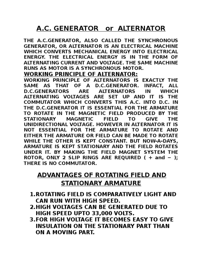A.C. Generator or Alternator: Advantages of Rotating Field and ...