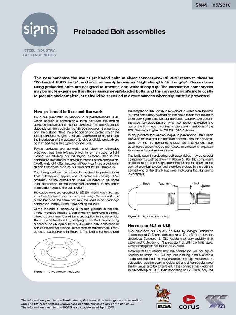 Preloaded Bolt assemblies: Steel Industry Guidance Notes | Nut ...