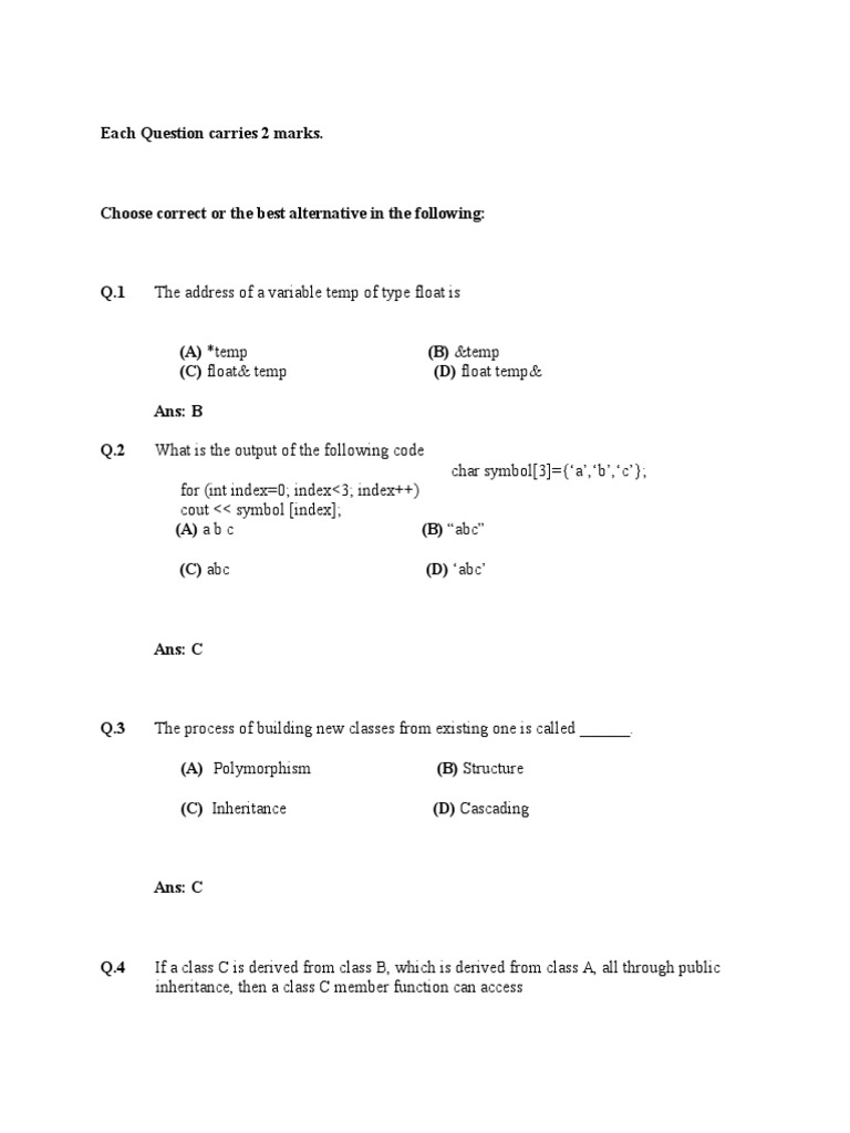 Each Question Carries 2 Marks | PDF | C (Programming Language) | Class ...