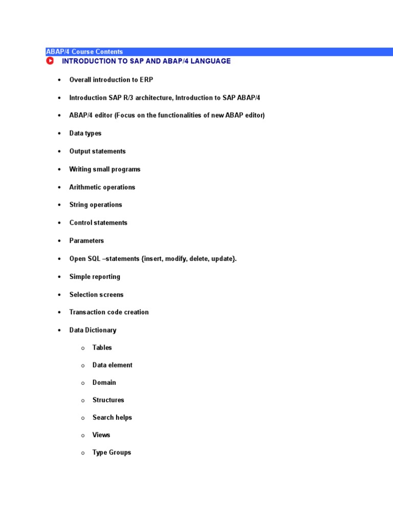 ABAP/4 Course Overview and Topics | PDF | Subroutine | Software Engineering