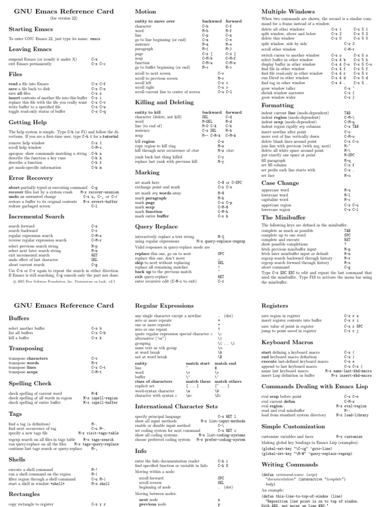 GNU Emacs 22 Reference Card | PDF