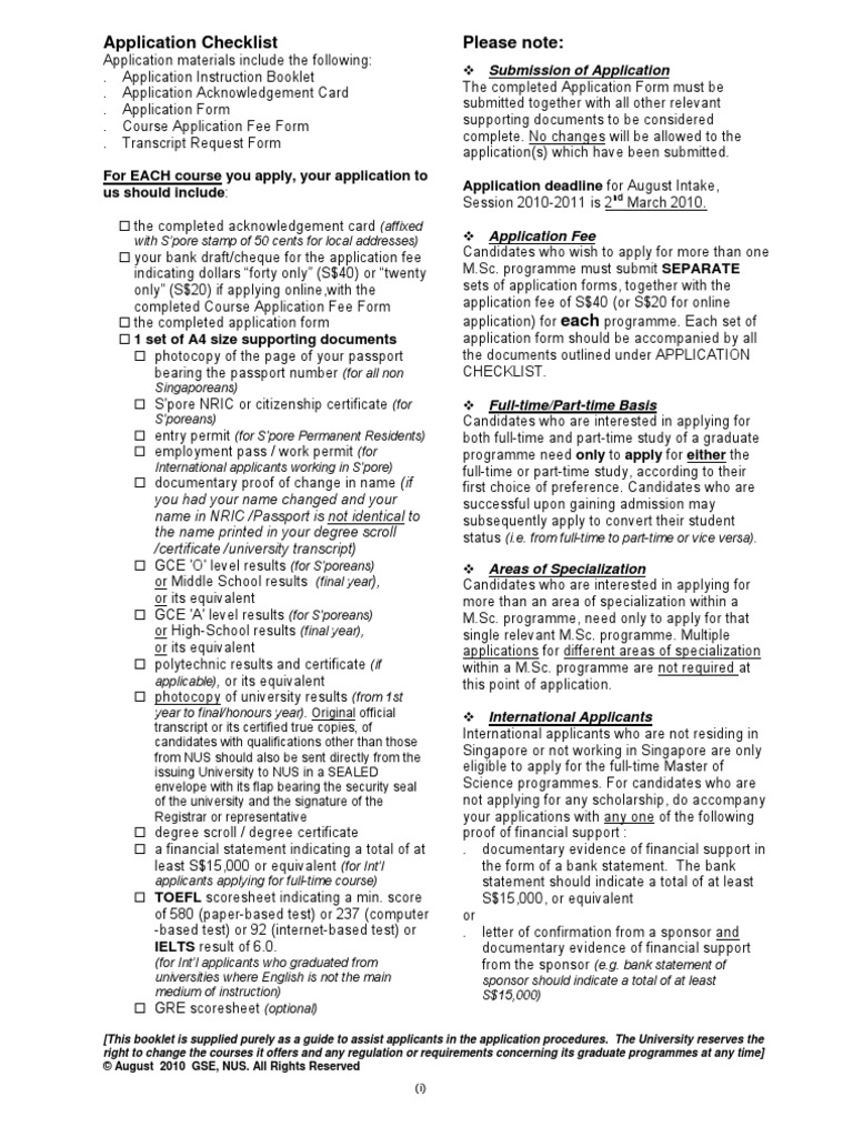 Application Checklist Please Note:: For EACH Course You Apply, Your ...