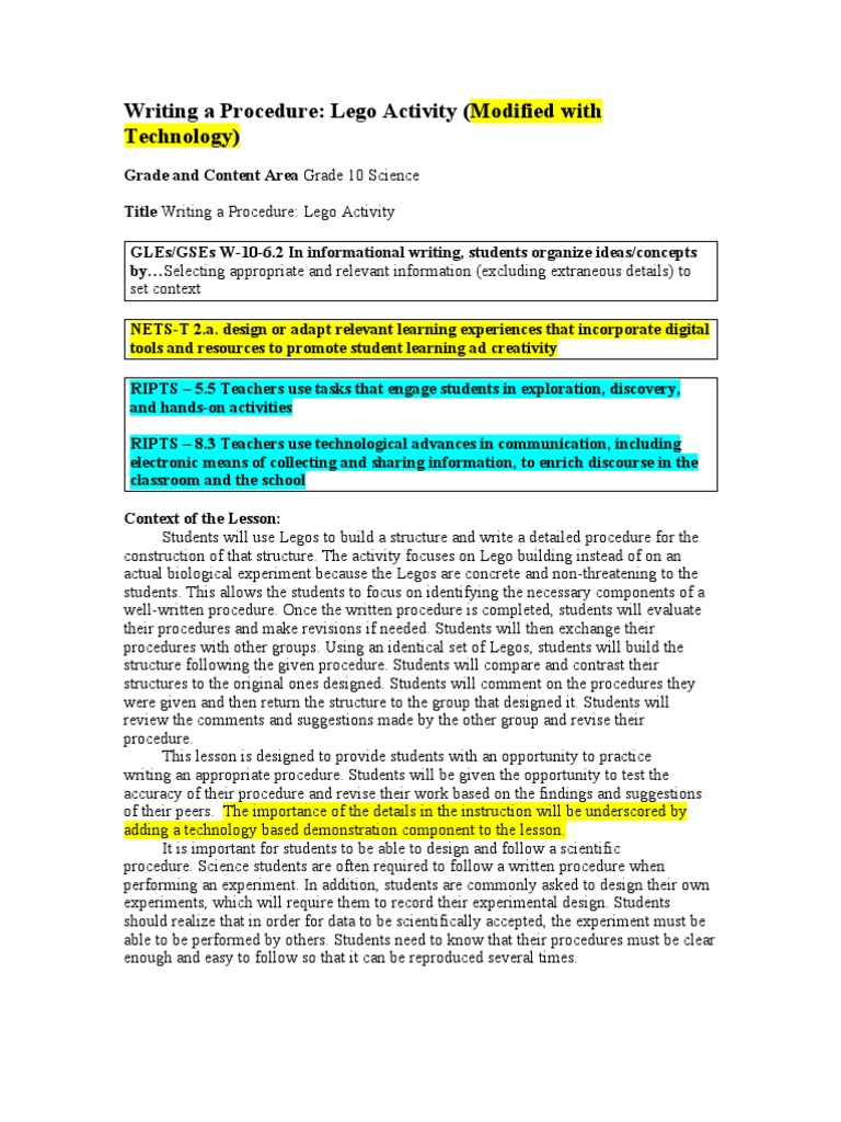 Writing A Procedure: Lego Activity (Modified With | PDF
