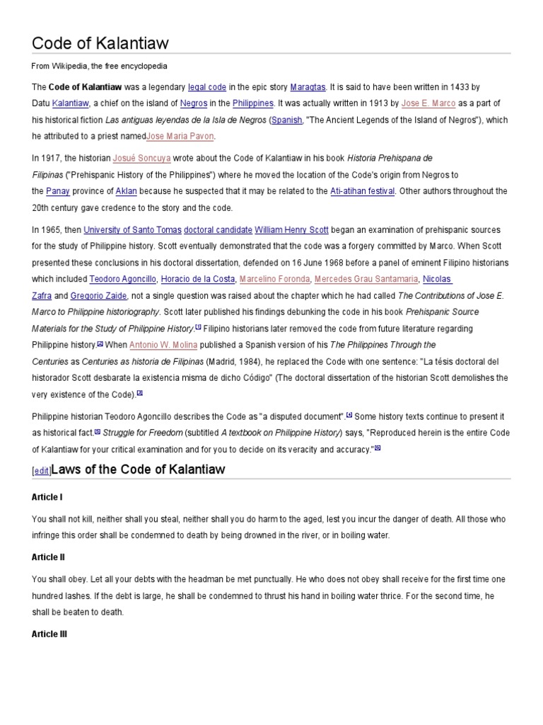 Code of Kalantiaw - A mythical legal code | PDF | Philippines