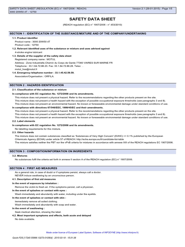 Motul 3000 Ficha de Seguridad 2015 | PDF | Dangerous Goods | Safety