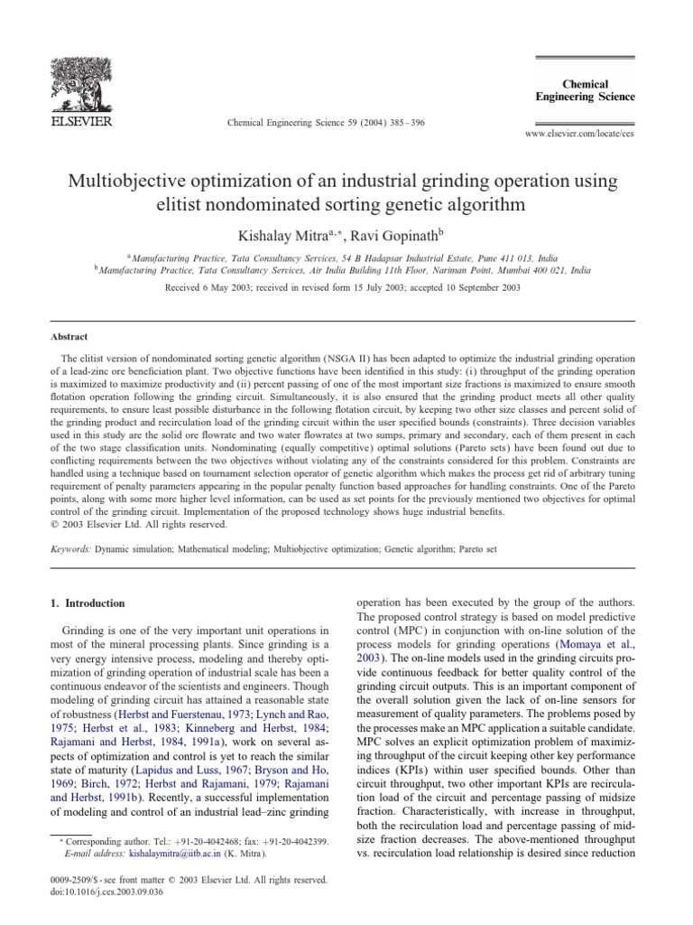 Multiobjective Optimization of An Industrial Grinding Operation Using ...