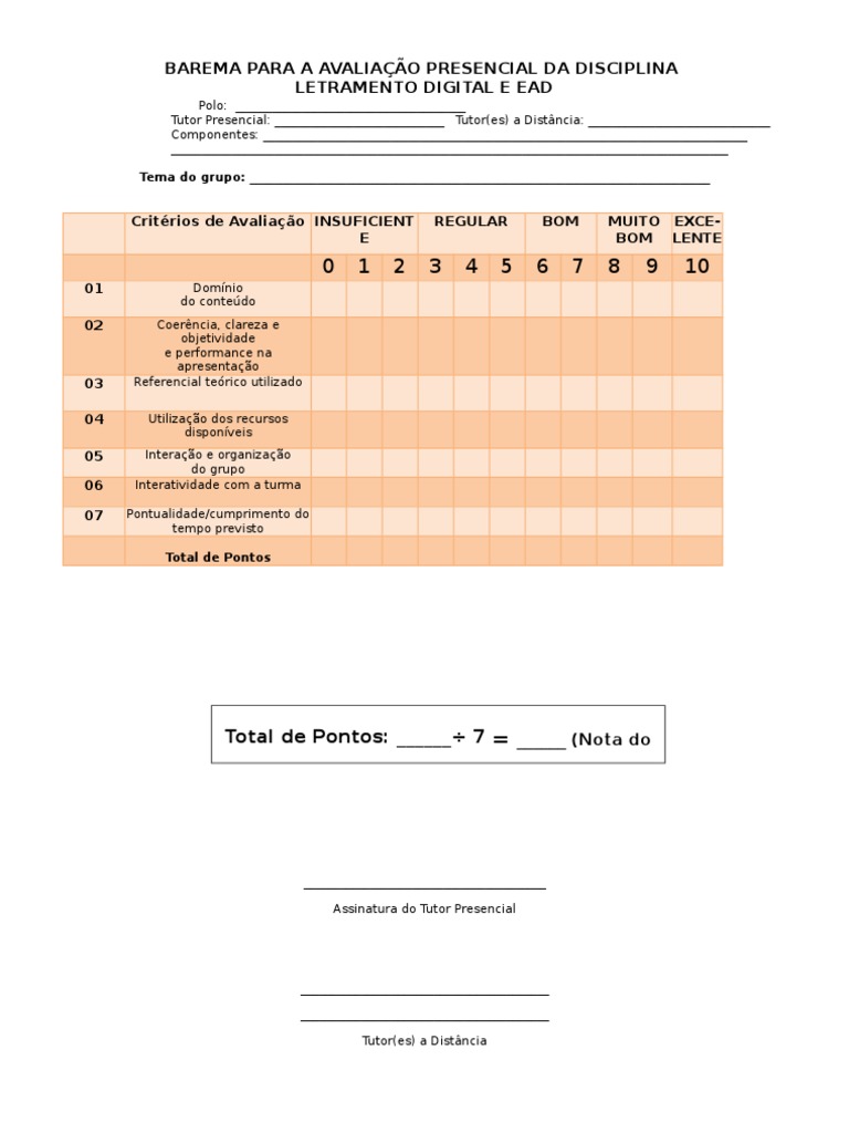 Barema de Avaliacao Do Seminario Presencial