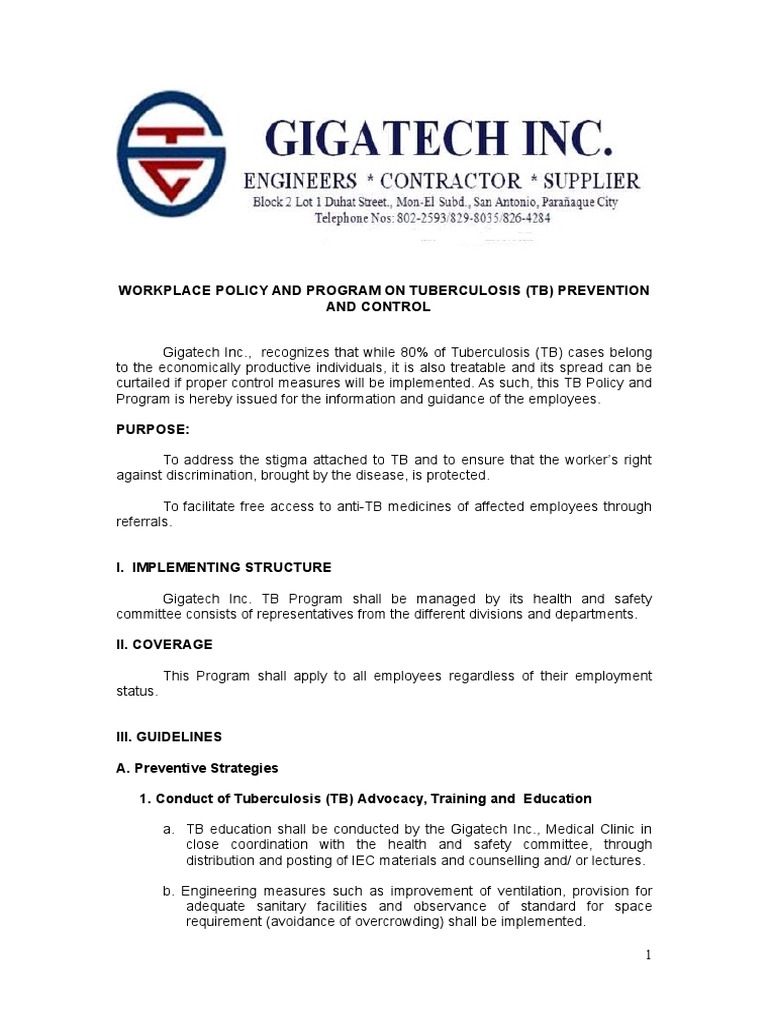 Sample TB Workplace Policy & Program | Tuberculosis | Employment