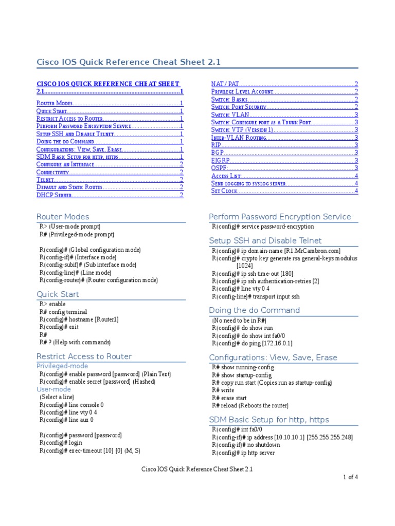 Cisco Ios Quick Reference Cheat Sheet 2 1 Pdf Ip Address Router
