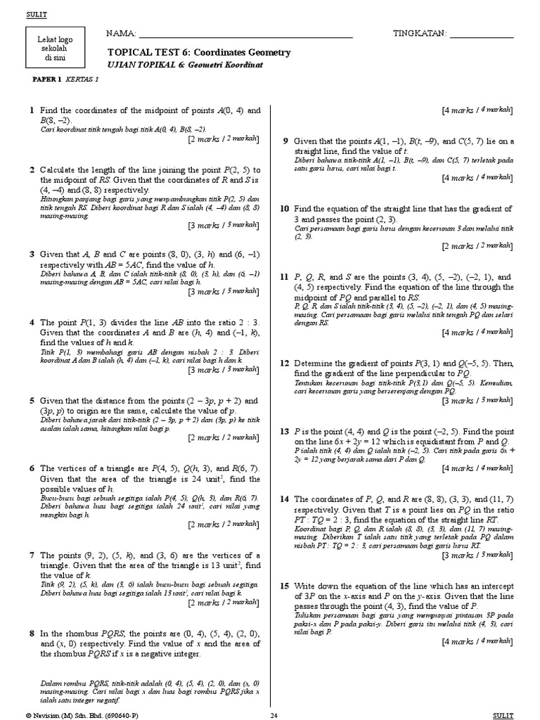Add Maths F4 Topical Test 6 (BL) | PDF