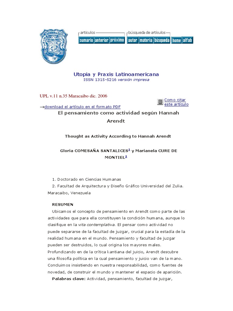 El Pensamiento Como Actividad Según Hannah Arendt | PDF | Hannah Arendt ...