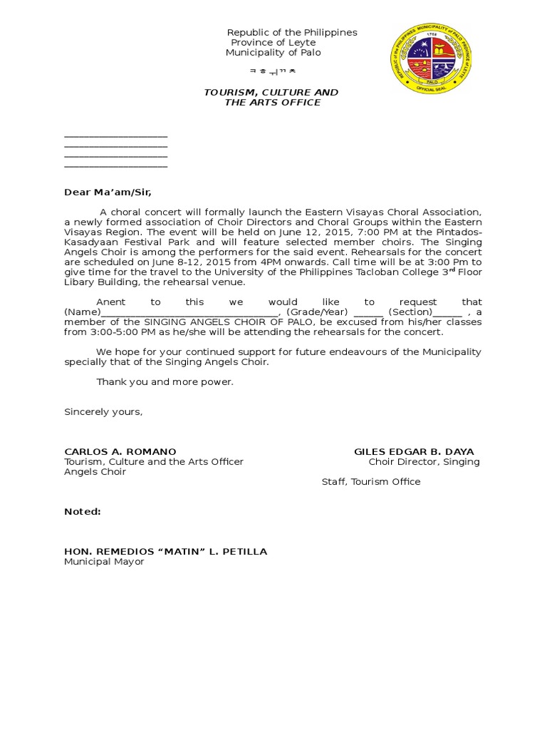 Excuse Letter For Singing Angels Choir | PDF | Choir | Music Performance