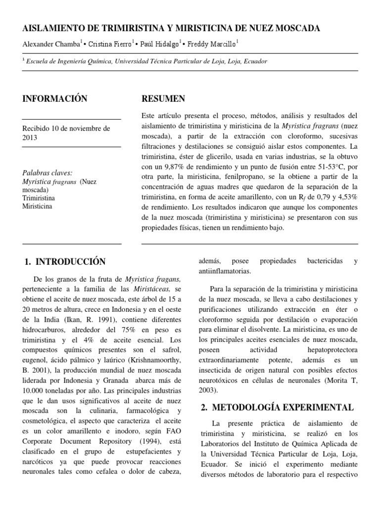 Aislamiento de Trimiristina y Miristicina | PDF | Destilación | Etanol