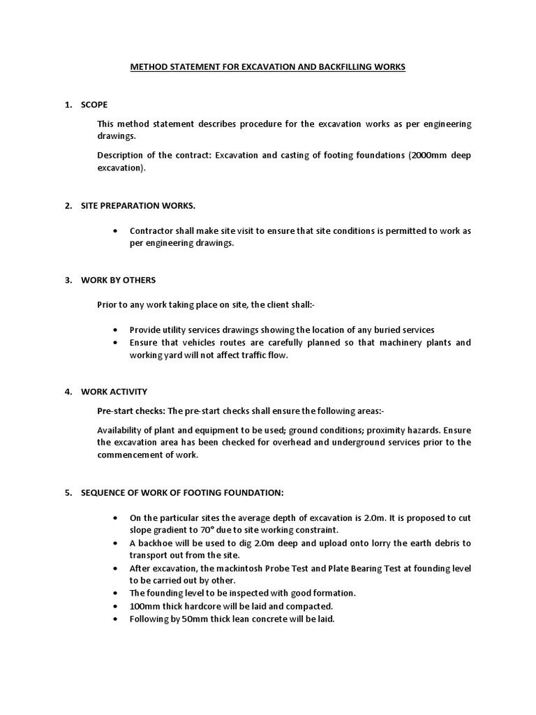 Excavation & Backfilling Method Statement | PDF | Excavation ...