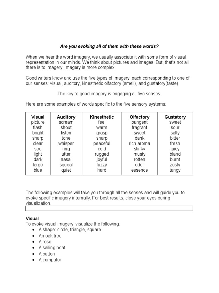 Five Types of Imagery | PDF | Senses | Taste