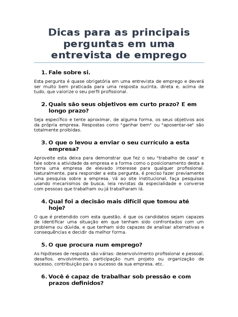 Dicas para As Principais Perguntas em Uma Entrevista de Emprego | PDF ...