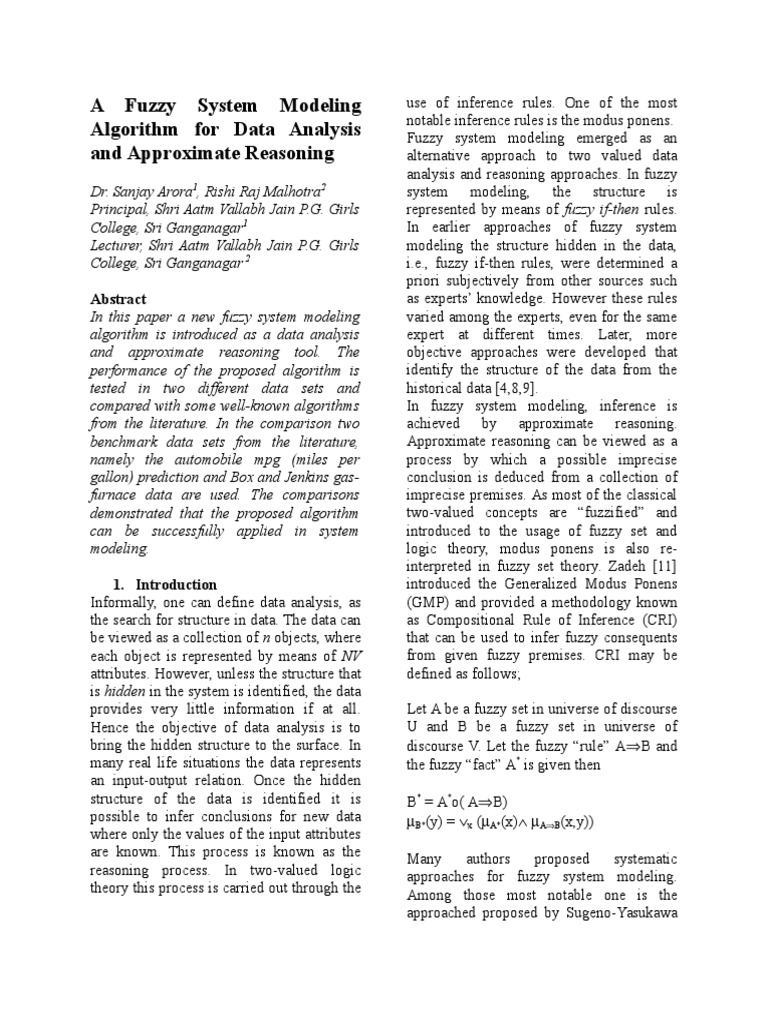 A New Fuzzy System Modeling Algorithm for Data Analysis and Approximate Reasoning | PDF | Fuzzy ...