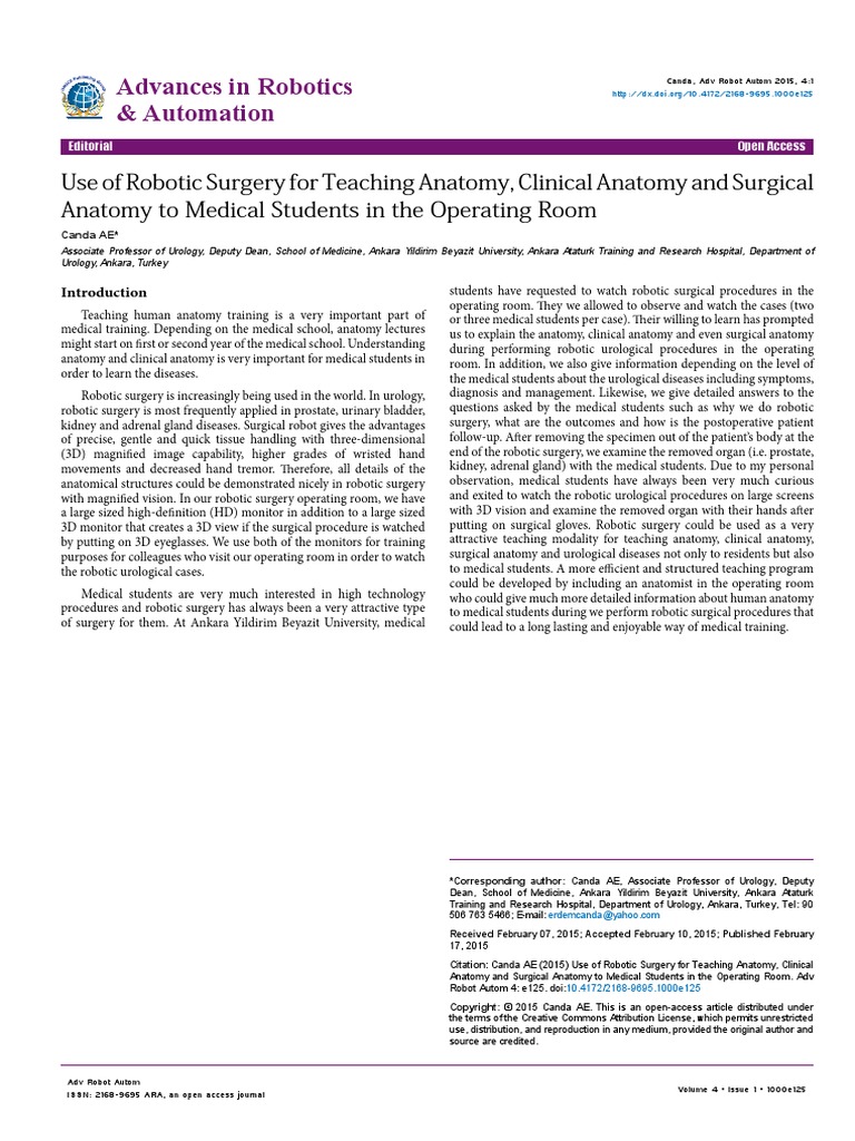 Use of Robotic Surgery For Teaching Anatomy Clinical Anatomy and ...