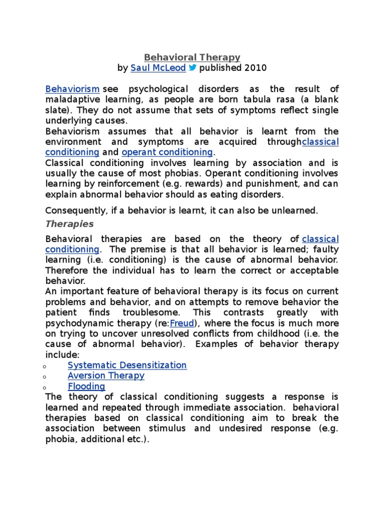 Behavioral Therapy | PDF | Classical Conditioning | Behaviour Therapy
