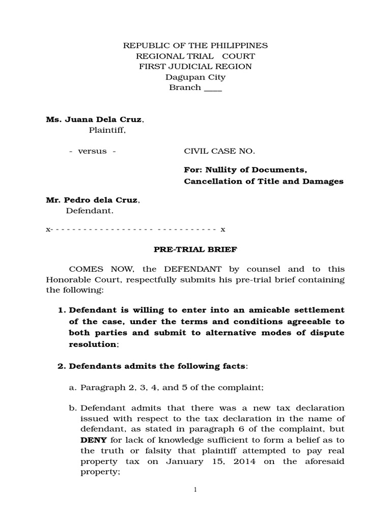 Pre Trial Brief-Defendant | Lawsuit | Complaint