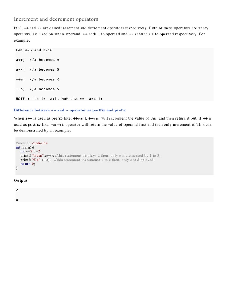C Increment and Decrement Operators | PDF | Teaching Methods & Materials | Technology & Engineering