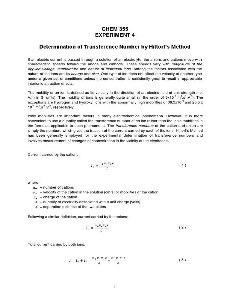 Determination of Ion Transference Numbers Using Hittorf's Method | PDF ...